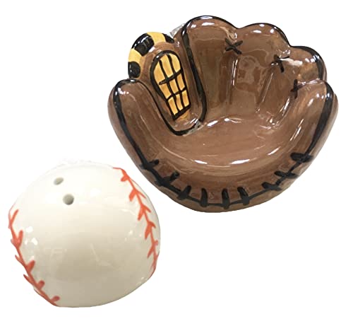 Baseball Glove & Base Ball with Stitching {Real Look} Salt and Pepper Shakers, Catchers Mit 3-1/4" Premium Quality Glazed Ceramic