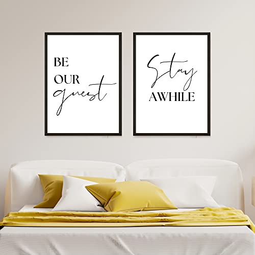 Be Our Guest Wall Decor, Guest Bedroom Wall Decor, Stay Awhile Signs for Home Decor, Farmhouse Bedroom Decor, Bedroom Wall Art Sign, Guest Room Essentials for Aibnb Hosts (Two12x16 Unframed Prints)