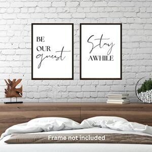 Be Our Guest Wall Decor, Guest Bedroom Wall Decor, Stay Awhile Signs for Home Decor, Farmhouse Bedroom Decor, Bedroom Wall Art Sign, Guest Room Essentials for Aibnb Hosts (Two12x16 Unframed Prints)