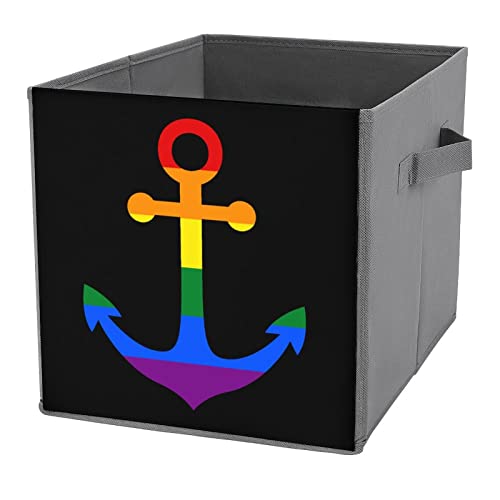 Anchor with Colors of LGBT Flag Foldable Storage Bins Printd Fabric Cube Baskets Boxes with Handles for Clothes Toys, 11x11x11