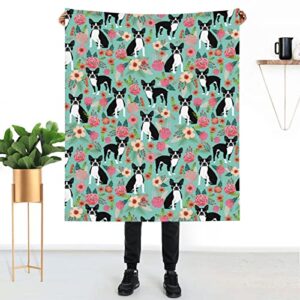 boston terrier vintage flowers dog throw blanket, ultra soft microplush bed blanket, all season microfiber fleece throw for bed chair sofa couch bedroom 60″x50″