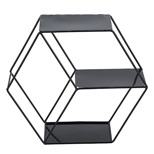 EPMANN Wrought Iron Wall Shelf, Wall Mounted Floating Shelf Hexagonal Shelf Retro Flower Stand Display Stand for Bedroom Living Room Office(Black)