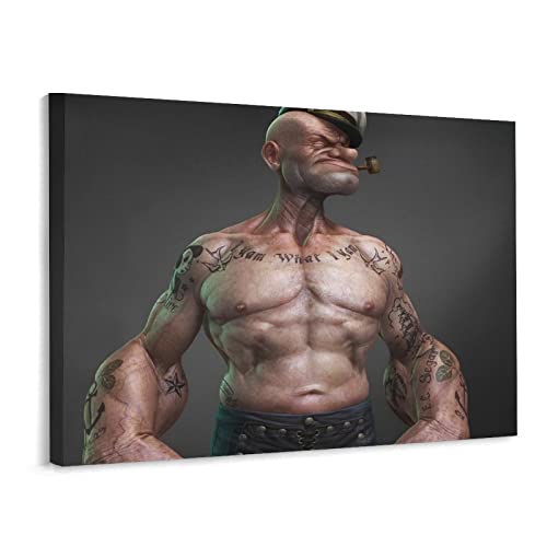 Modern Art Posters Popeye Tattoo Muscle Sailor Funny Posters Cartoon Gym Room Decor Canvas Wall Art Prints for Wall Decor Room Decor Bedroom Decor Gifts 24x32inch(60x80cm) Frame-Style