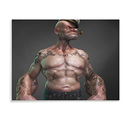 Modern Art Posters Popeye Tattoo Muscle Sailor Funny Posters Cartoon Gym Room Decor Canvas Wall Art Prints for Wall Decor Room Decor Bedroom Decor Gifts 24x32inch(60x80cm) Frame-Style