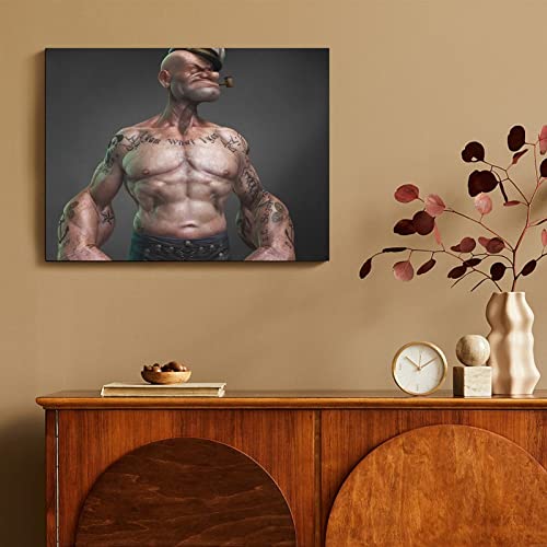 Modern Art Posters Popeye Tattoo Muscle Sailor Funny Posters Cartoon Gym Room Decor Canvas Wall Art Prints for Wall Decor Room Decor Bedroom Decor Gifts 24x32inch(60x80cm) Frame-Style