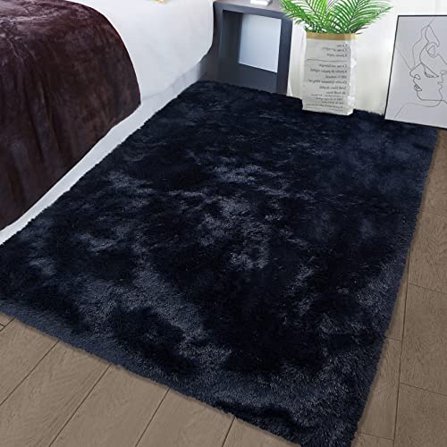 Fashionwu Shag Rug Plush Small Shaggy Rugs Soft Area Rug for Bedroom Fluffy Area Rug Non-Slip Furry Plush Rugs Modern Accent Rug for Indoor Bedroom Living Room, Navy, 2 x 3