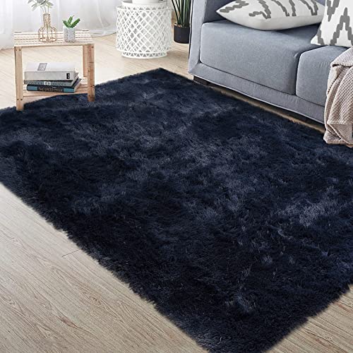 Fashionwu Shag Rug Plush Small Shaggy Rugs Soft Area Rug for Bedroom Fluffy Area Rug Non-Slip Furry Plush Rugs Modern Accent Rug for Indoor Bedroom Living Room, Navy, 2 x 3