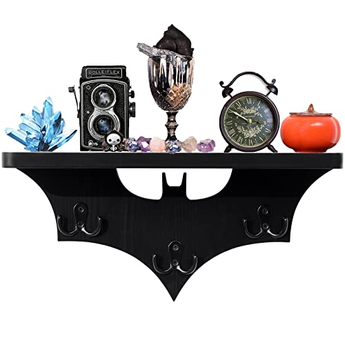 WK&YOHFY Bat Shelf Gothic Home Decor Floating Shelves-Gothic Shelves for Oddities and Curiosities-Bat Decor Spooky Hanging Shelf with 3 Double Hooks