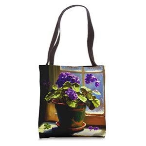 african violet pot in window african violet addict design tote bag