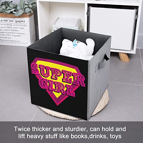 Super Girl Foldable Storage Bins Printd Fabric Cube Baskets Boxes with Handles for Clothes Toys, 11x11x11