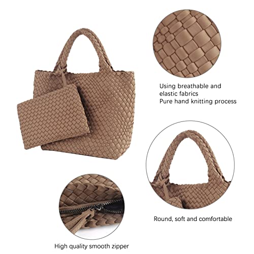 Designer Woven Tote Bag + Purse Women Neoprene Tote Handbag Fashion Large Shoulder Top-Handle Travel Bag Underarm Shopper Bag (Apricot)