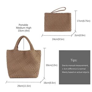 Designer Woven Tote Bag + Purse Women Neoprene Tote Handbag Fashion Large Shoulder Top-Handle Travel Bag Underarm Shopper Bag (Apricot)