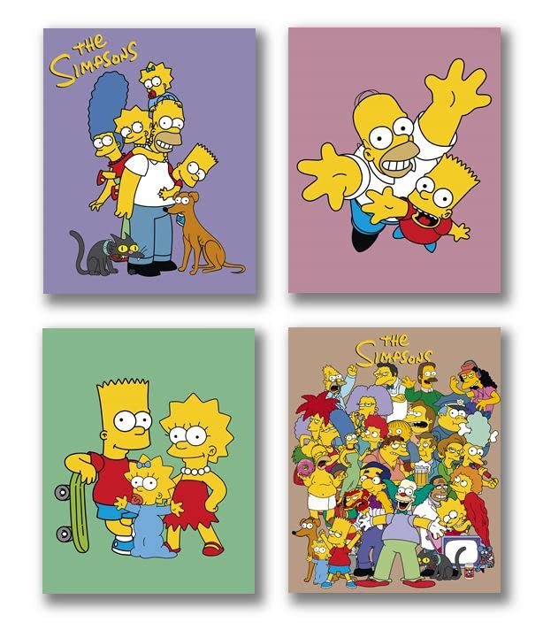 PurpleheARTs | Simpsons Poster Prints - Set of 4 UNFRAMED (8 inches x 10 inches) Movie Poster Prints - Bart Homer Marge Lisa Maggie, Simpsons Wall Art, Retro Cartoon Poster,