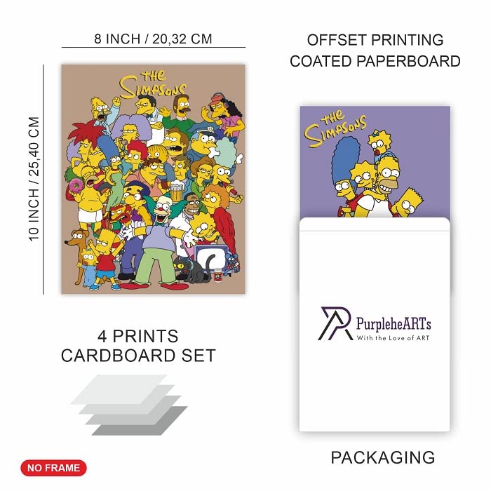 PurpleheARTs | Simpsons Poster Prints - Set of 4 UNFRAMED (8 inches x 10 inches) Movie Poster Prints - Bart Homer Marge Lisa Maggie, Simpsons Wall Art, Retro Cartoon Poster,