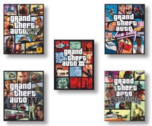 purplehearts | gta poster prints – set of 5 unframed (8 inches x 10 inches) gta game poster prints – grand theft auto wall art decor,