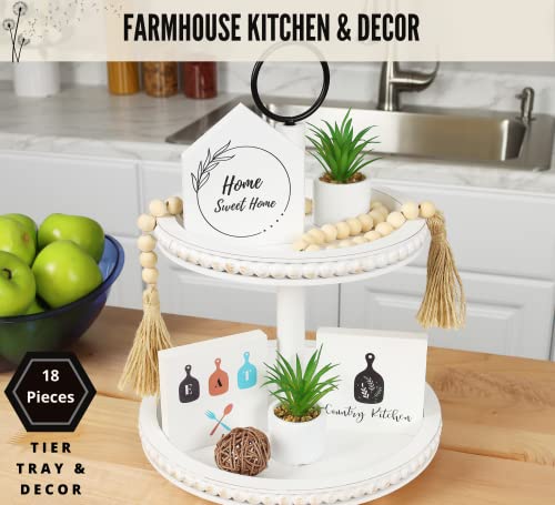 Mahinoko 18 PCs Farmhouse Tiered Tray Stand with Tier Tray Decor - Incl 2 Artificial Succulent Plants - Housewarming Gift New Home Sweet Home - Kitchen Decor Tier Tray Decor Set