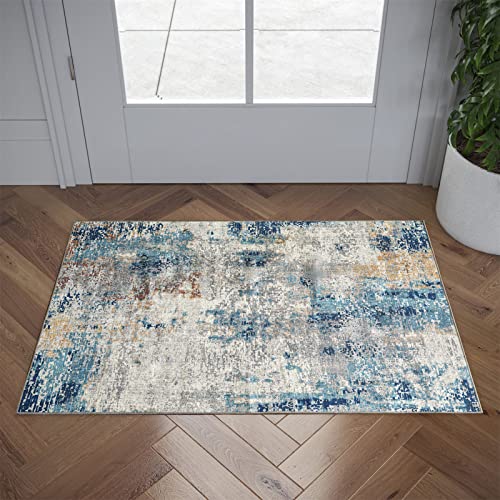 RoomTalks Ultra Thin Non-Slip Modern Abstract 2x3 Small Area Rug in Blue/Yellow, Machine Washable Stain Resistant Boho Throw Rugs for Kitchen Bathroom Entryway Indoor Porch Doormat No-Pile Pets Rug