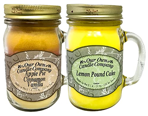 Our Own Candle Company Apple Pie Cinnamon Vanilla & Lemon Pound Cake Scented Candles, 13 Ounce Mason Jar Candle (2 Candles)