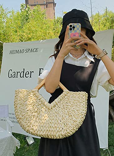 Tellrain Straw Bags for Women Semi Round Large Tote Purse Casual Summer Vocation Straw Handbag Woven Tote