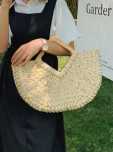 Tellrain Straw Bags for Women Semi Round Large Tote Purse Casual Summer Vocation Straw Handbag Woven Tote