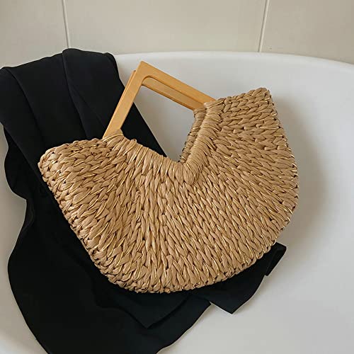 Tellrain Straw Bags for Women Semi Round Large Tote Purse Casual Summer Vocation Straw Handbag Woven Tote