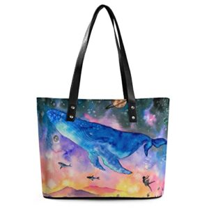 womens handbag watercolor whale blue leather tote bag top handle satchel bags for lady