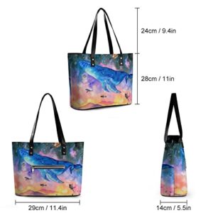 Womens Handbag Watercolor Whale Blue Leather Tote Bag Top Handle Satchel Bags For Lady