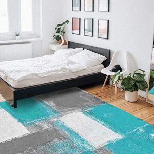 ZEREAA Washable Rug Anti-Slip Backing Abstract Area Rug Stain Resistant Rugs for Living Room Foldable Machine Washable Area Rug Teal and Grey Abstract Painting 5×7 Feet