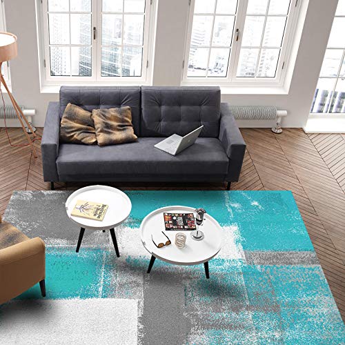 ZEREAA Washable Rug Anti-Slip Backing Abstract Area Rug Stain Resistant Rugs for Living Room Foldable Machine Washable Area Rug Teal and Grey Abstract Painting 5×7 Feet