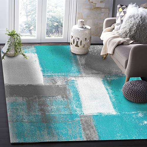 ZEREAA Washable Rug Anti-Slip Backing Abstract Area Rug Stain Resistant Rugs for Living Room Foldable Machine Washable Area Rug Teal and Grey Abstract Painting 5×7 Feet