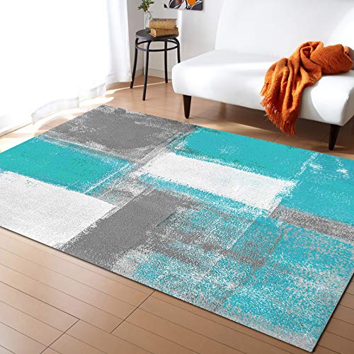 ZEREAA Washable Rug Anti-Slip Backing Abstract Area Rug Stain Resistant Rugs for Living Room Foldable Machine Washable Area Rug Teal and Grey Abstract Painting 5×7 Feet