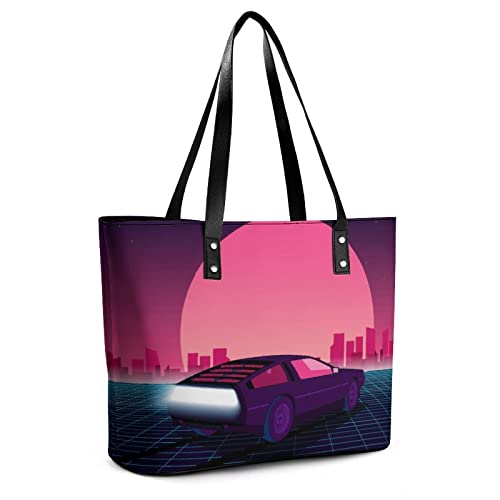 Womens Handbag Sunset And Cars Leather Tote Bag Top Handle Satchel Bags For Lady