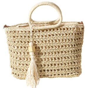 Straw Woven Handbag for Women Lightweight Casual Straw Crossbody Bag Purse Handmade Straw Tote with Tassel