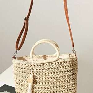 Straw Woven Handbag for Women Lightweight Casual Straw Crossbody Bag Purse Handmade Straw Tote with Tassel