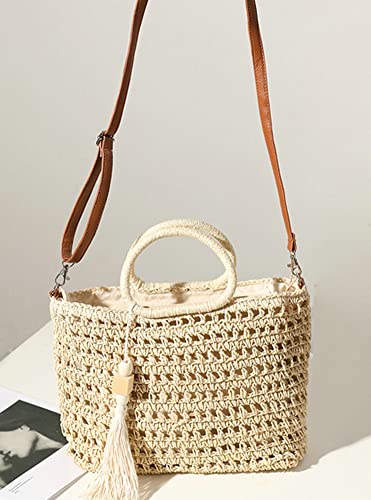 Straw Woven Handbag for Women Lightweight Casual Straw Crossbody Bag Purse Handmade Straw Tote with Tassel