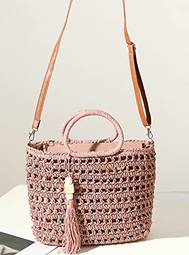 Straw Woven Handbag for Women Lightweight Casual Straw Crossbody Bag Purse Handmade Straw Tote with Tassel