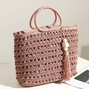 Straw Woven Handbag for Women Lightweight Casual Straw Crossbody Bag Purse Handmade Straw Tote with Tassel