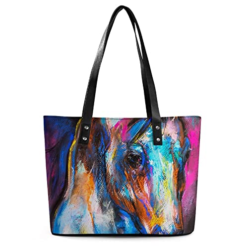 Womens Handbag Watercolor Horse Leather Tote Bag Top Handle Satchel Bags For Lady