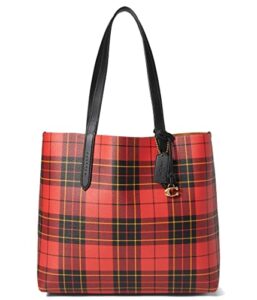 coach box program plaid print highline tote red multi one size