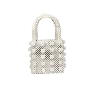 tendycoco pearls handle evening purse handmade women for top beaded tote woven wedding party handbag clutch dinner cocktail beige wedding-beige