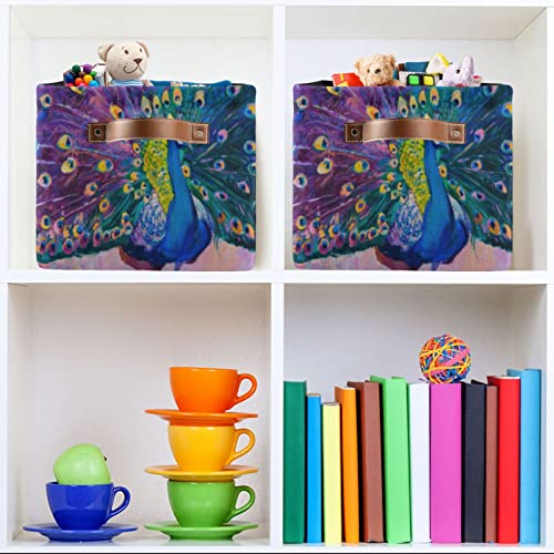 Kigai Peacock Oil Painting Foldable Storage Basket for Shelves, Collapsible Sturdy Storage Bin with Handles, Canvas Storage Cube for Organizing Closet