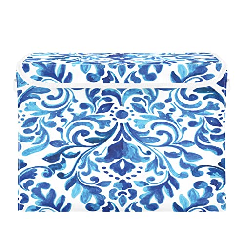 Vnurnrn Collapsible Storage Bins with Lids, Hand Drawn Blue Floral Foldable Storage Boxes, Storage Box Cube with Lid for Clothes,Bedroom,Toys,16.5x12.6x11.8 Inch