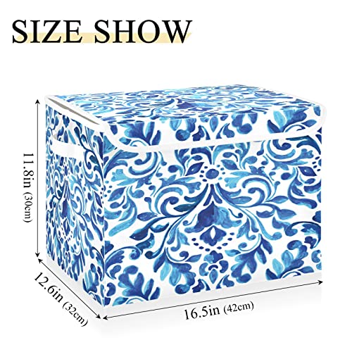 Vnurnrn Collapsible Storage Bins with Lids, Hand Drawn Blue Floral Foldable Storage Boxes, Storage Box Cube with Lid for Clothes,Bedroom,Toys,16.5x12.6x11.8 Inch