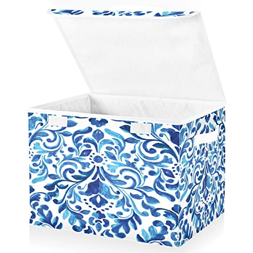 Vnurnrn Collapsible Storage Bins with Lids, Hand Drawn Blue Floral Foldable Storage Boxes, Storage Box Cube with Lid for Clothes,Bedroom,Toys,16.5x12.6x11.8 Inch