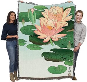 pure country weavers water lily blanket by ohara koson – fine art gift tapestry throw woven from cotton – made in the usa (72×54)