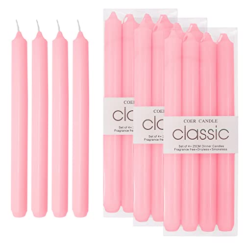 12 Pack Pink Tall Taper Candles 10 inch Long Stick Candles, TWUTGAYW Smokeless Unscented Dinner Candle, 6 Hour Burn Time Dripless Tapered Candles for Candlesticks Christmas Thanksgiving Home Decor