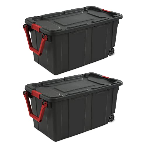 Generic 40 Gallon Plastic Wheeled Industrial Storage Bin Tote Organizing Container With Durable Lid and Secure Latching Buckles , Stackable and Nestable Snap Lid Plastic Storage Bin, 2 Pack, Black With Red Buckle