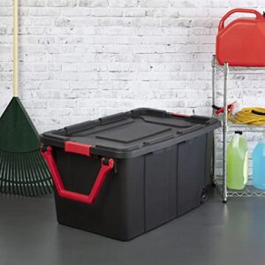 Generic 40 Gallon Plastic Wheeled Industrial Storage Bin Tote Organizing Container With Durable Lid and Secure Latching Buckles , Stackable and Nestable Snap Lid Plastic Storage Bin, 2 Pack, Black With Red Buckle