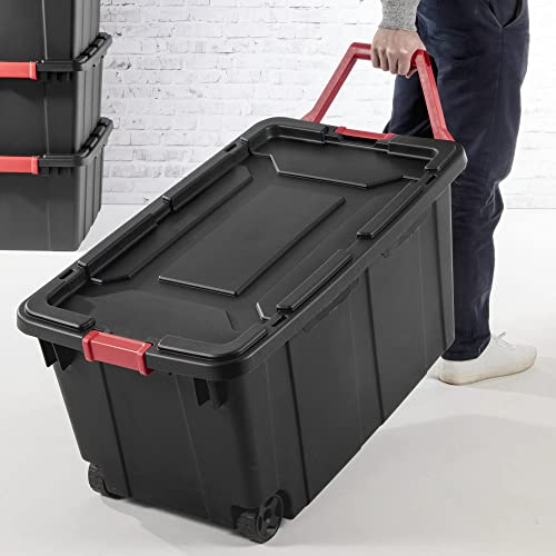 Generic 40 Gallon Plastic Wheeled Industrial Storage Bin Tote Organizing Container With Durable Lid and Secure Latching Buckles , Stackable and Nestable Snap Lid Plastic Storage Bin, 2 Pack, Black With Red Buckle