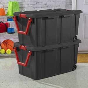 Generic 40 Gallon Plastic Wheeled Industrial Storage Bin Tote Organizing Container With Durable Lid and Secure Latching Buckles , Stackable and Nestable Snap Lid Plastic Storage Bin, 2 Pack, Black With Red Buckle